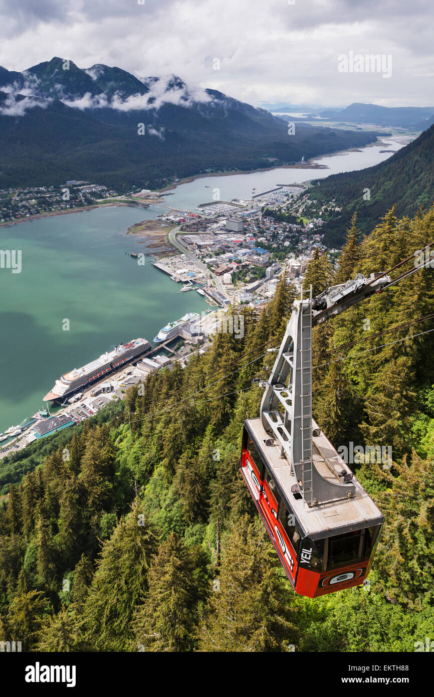 View of the Mount Roberts Tramway above Juneau and cruise ships in ...