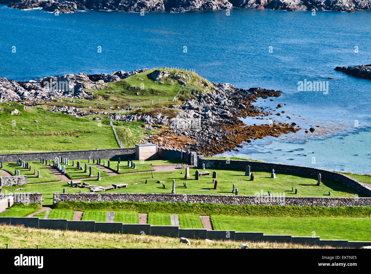 Looking down on the coastal cemetery at Scourie, on the edge of Scourie ...