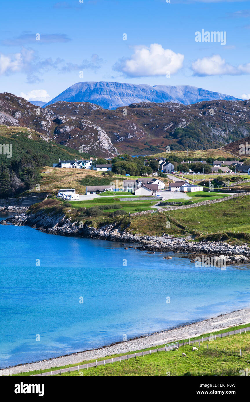 Arkle rising behind Scourie village, Sutherland, caravan site in ...