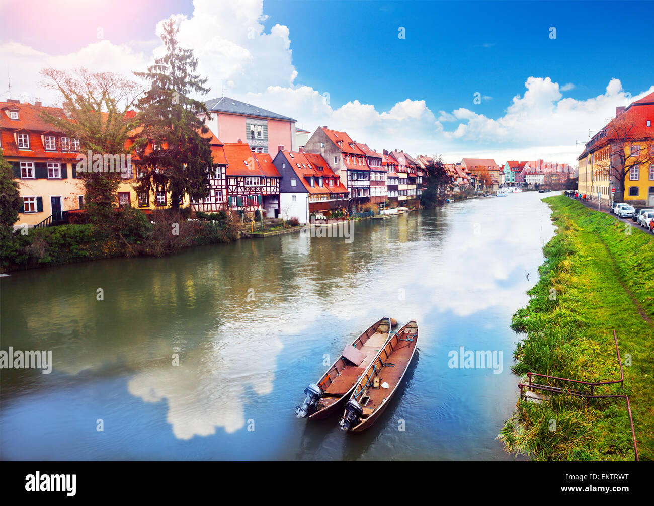 Scenic summer panorama of the Old Town pier architecture in Bamberg ...