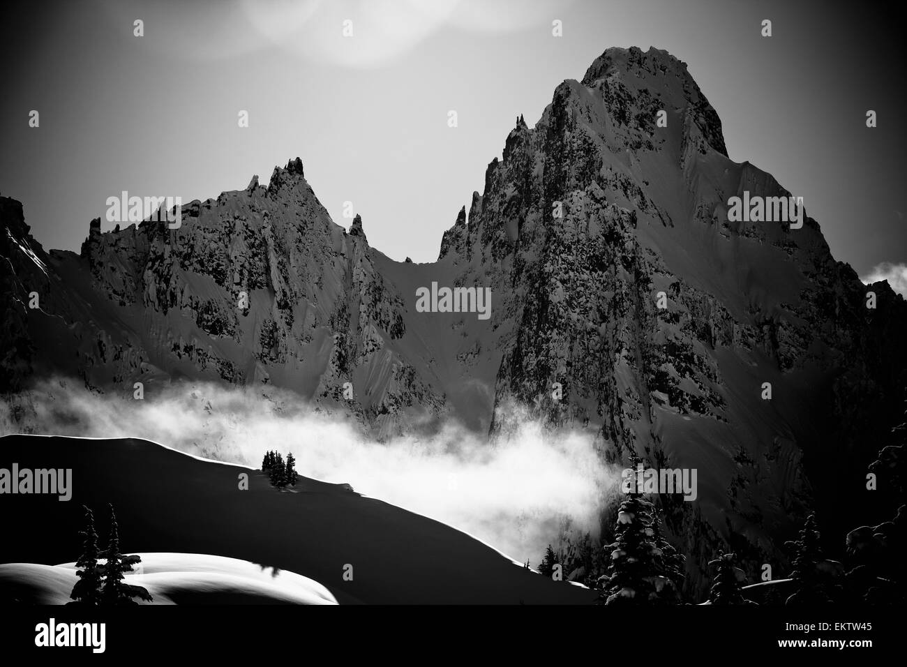 Black and white scenic view of mountain peaks above Haines in winter ...