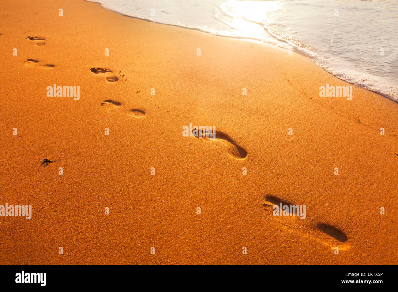 beach, wave and footsteps at sunset time Stock Photo - Alamy