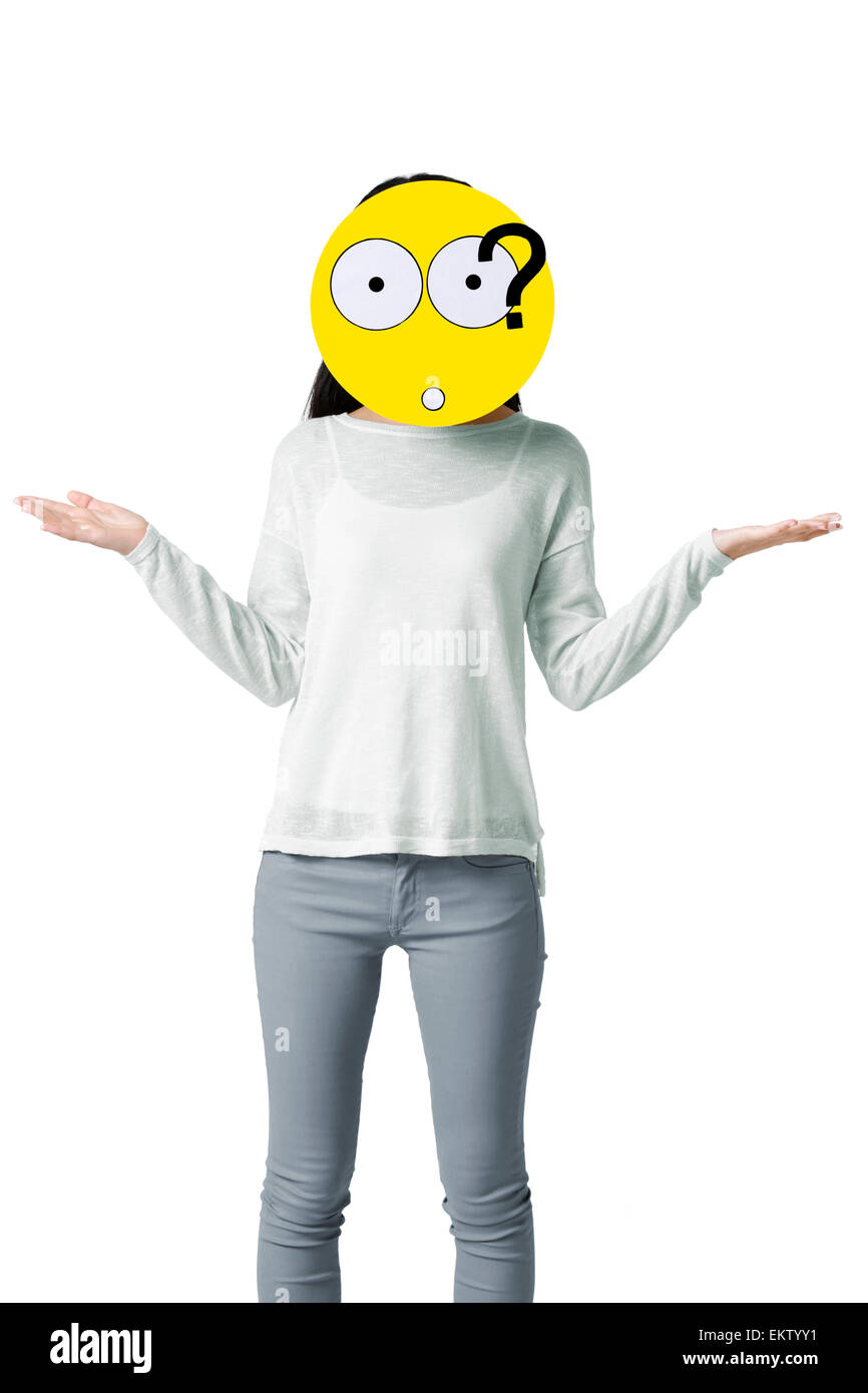 Young woman with a confused emoticon face in front of her face Stock ...