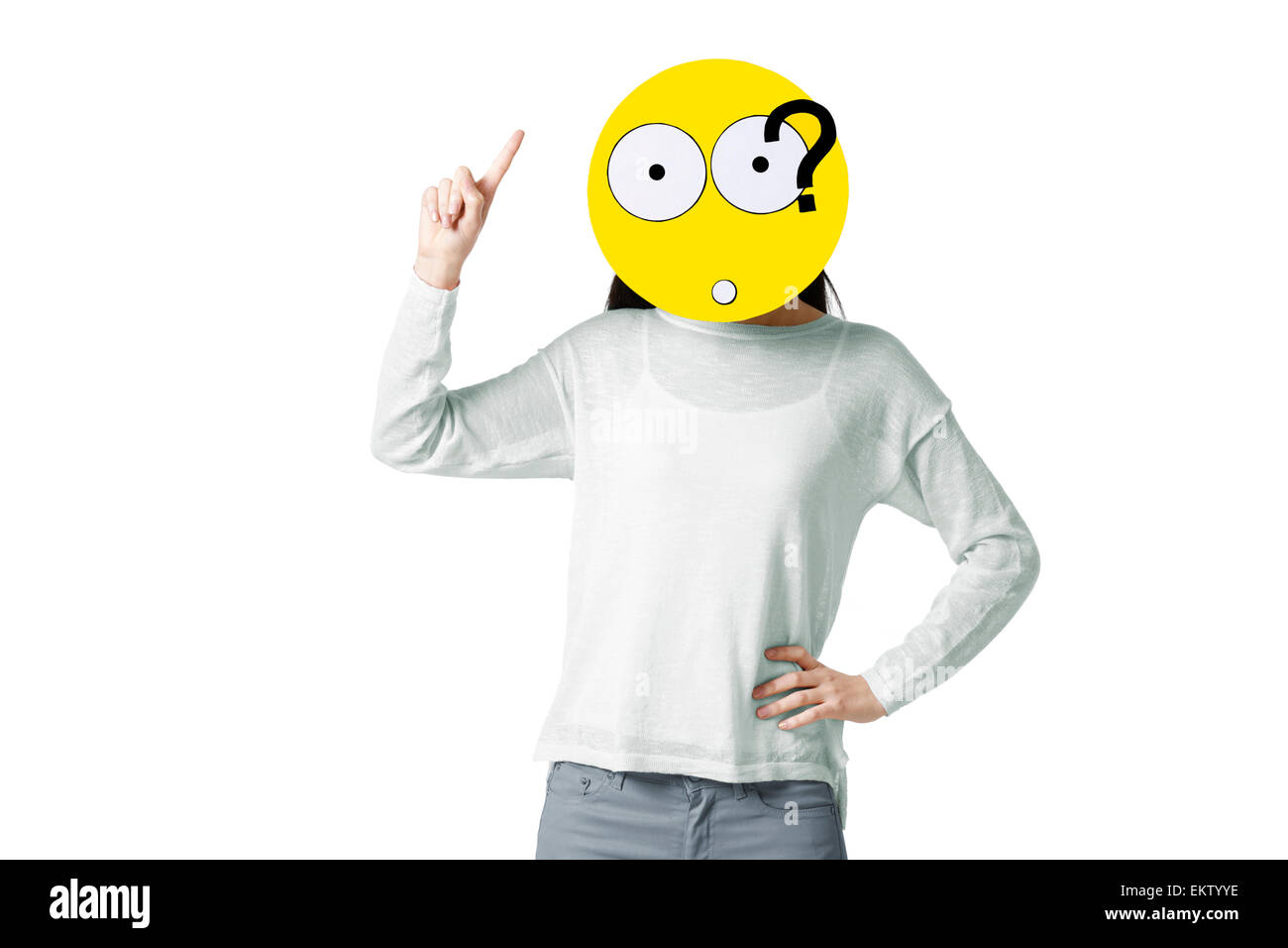 Young woman with a confused emoticon face in front of her face Stock ...