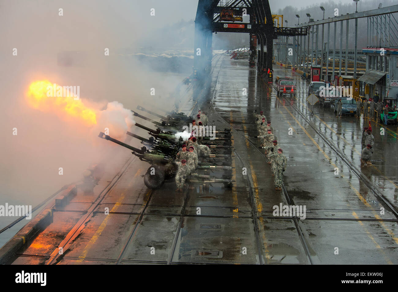 Artillery is fired from the Port of Anchorage during the commissioning ...