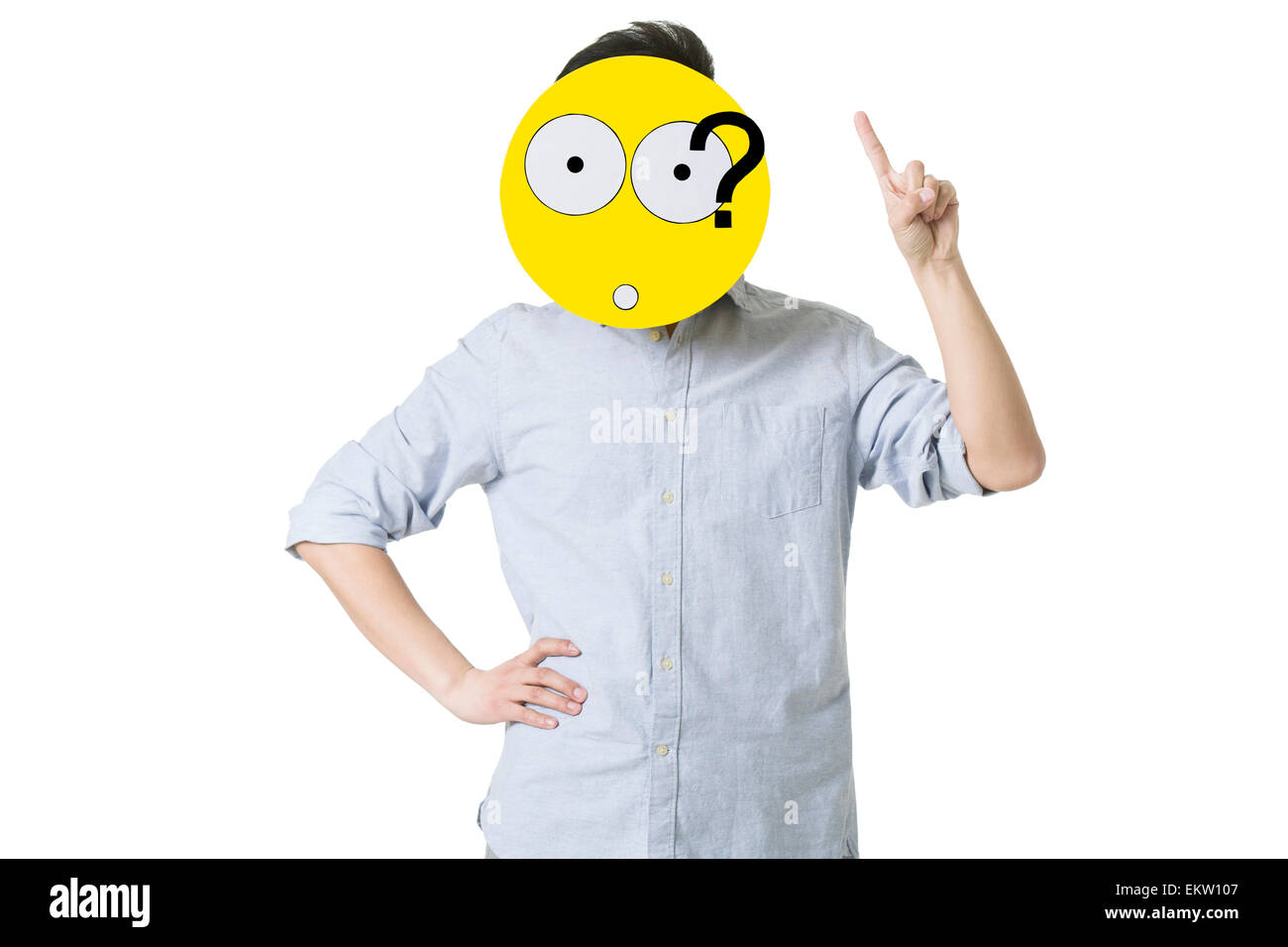 Young man with a confused emoticon face in front of his face Stock ...