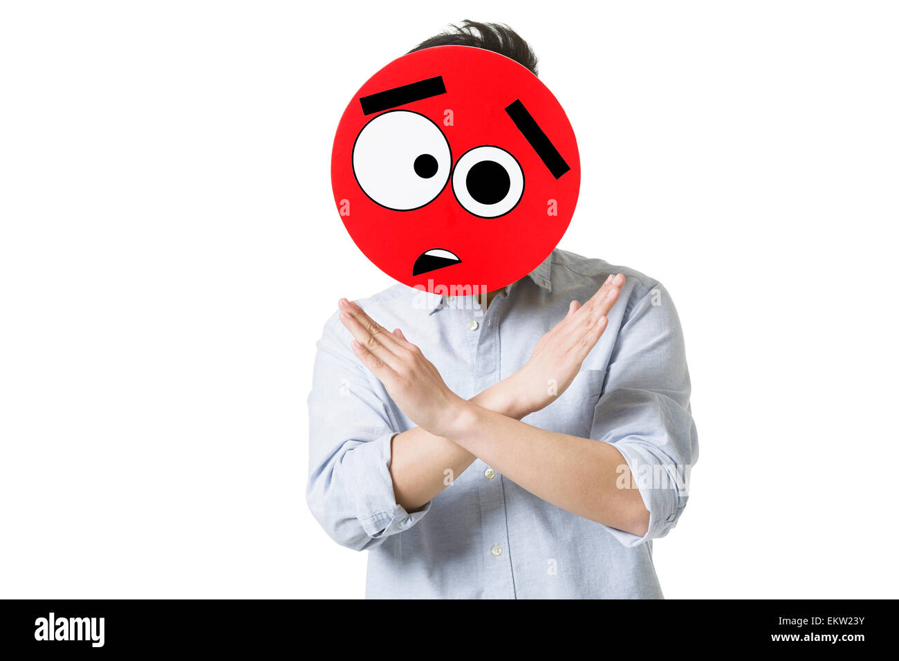 Young man with a confused emoticon face in front of his face Stock ...