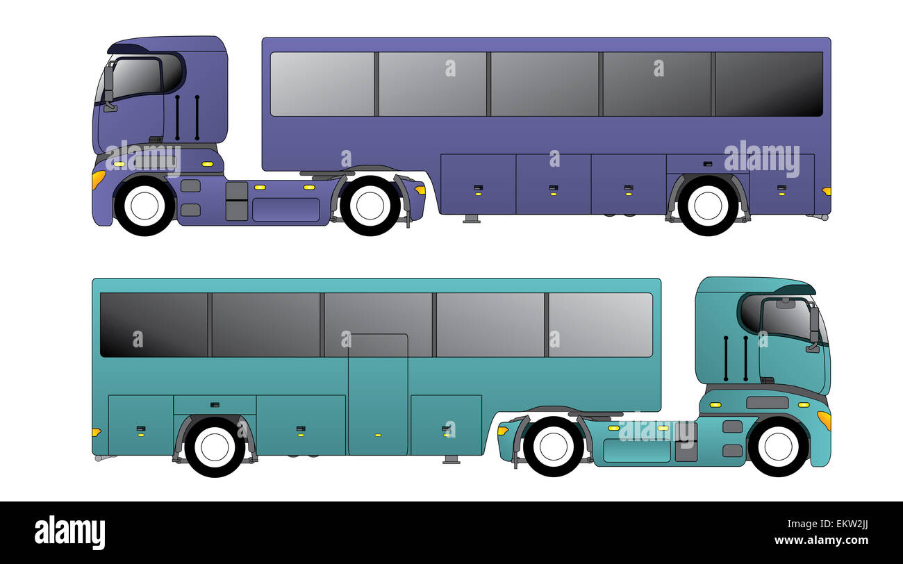 European truck pulling custom bus shaped trailer Stock Photo - Alamy