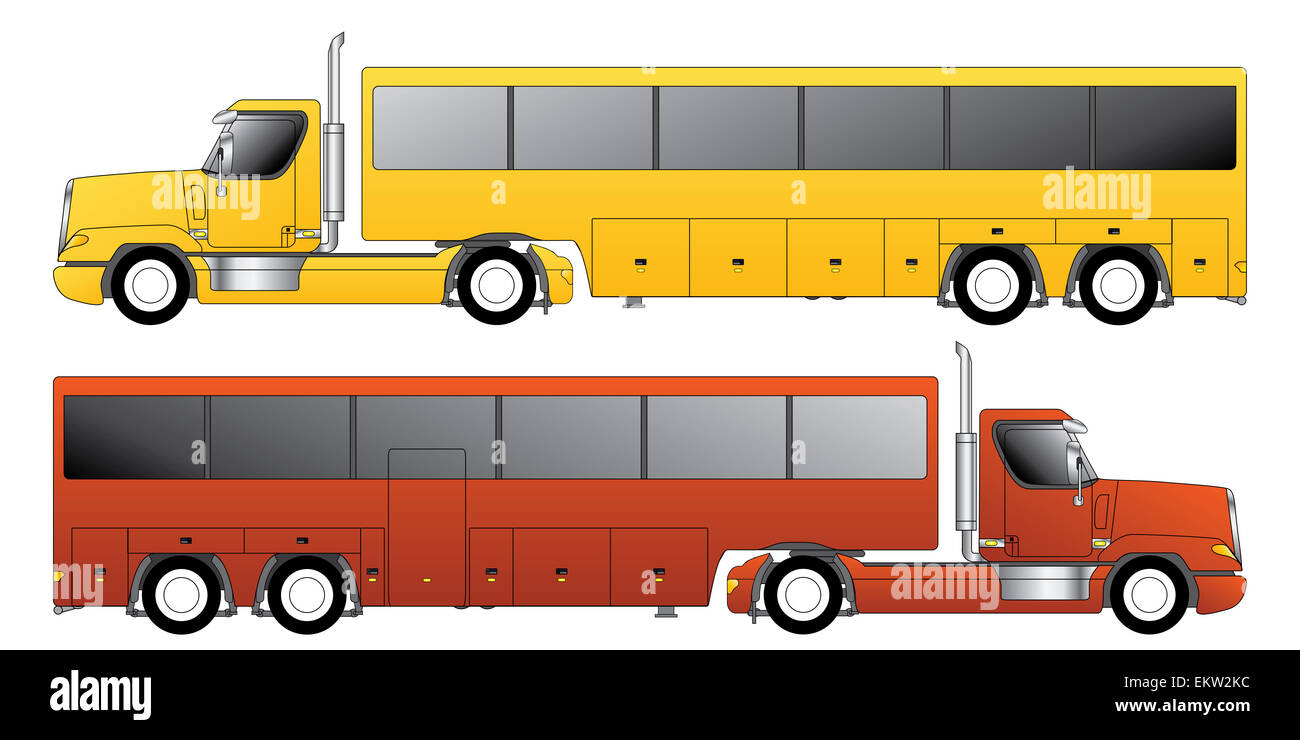 Conventional truck pulling custom bus shaped trailer Stock Photo - Alamy