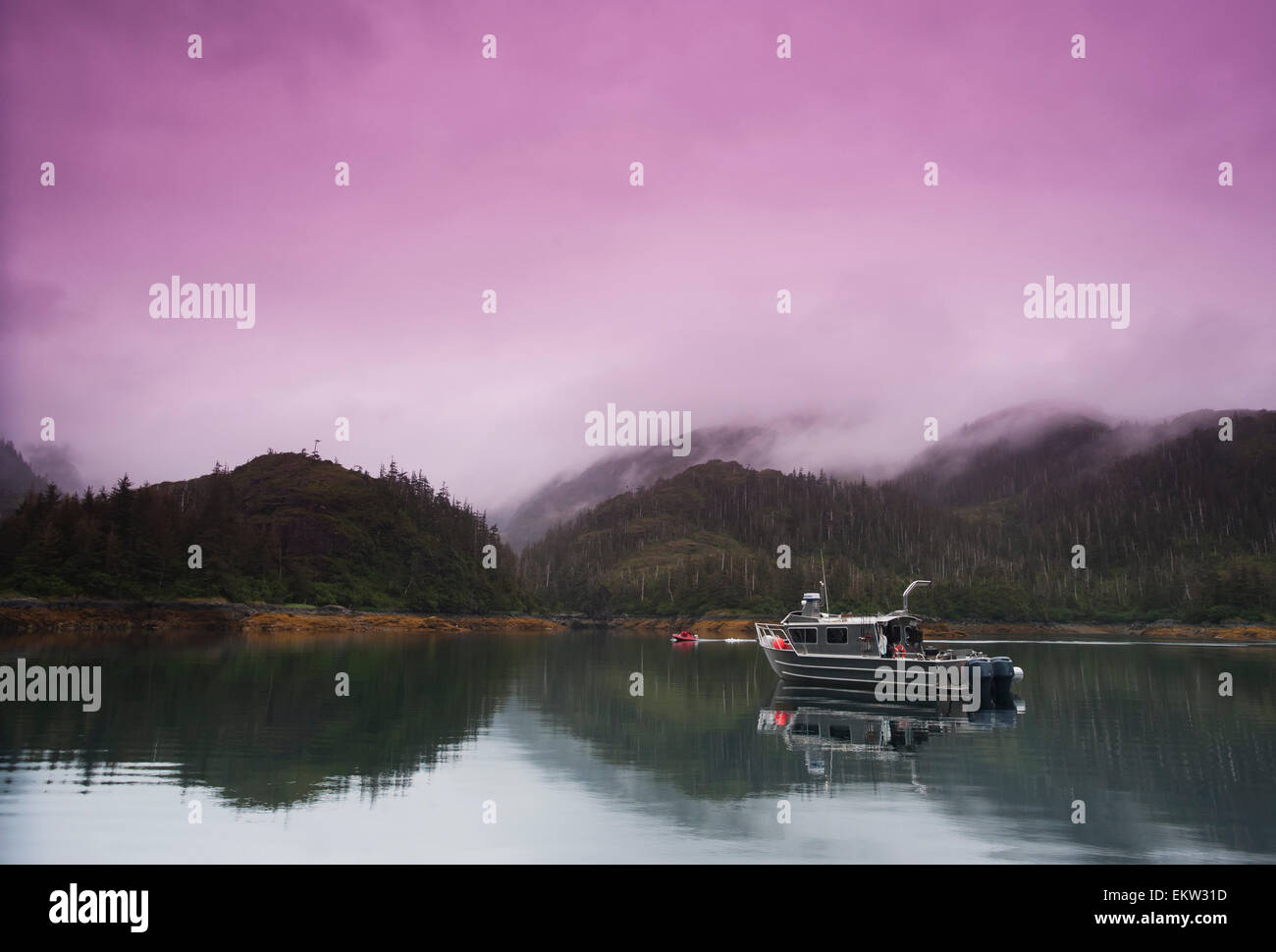 Aluminum boat anchored off Knight Island, Prince William Sound ...