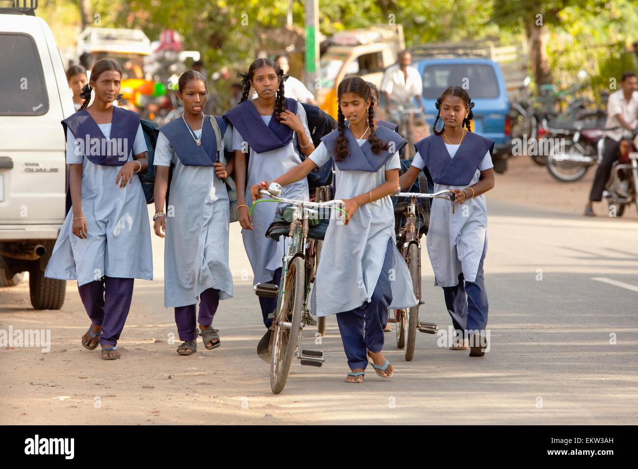Girls In Uniform Walking Down The Street Together; Sathyamangalam ...