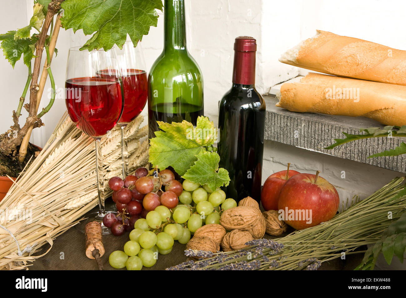 Fruits, bread, wine, nuts on a wine barrel Stock Photo - Alamy