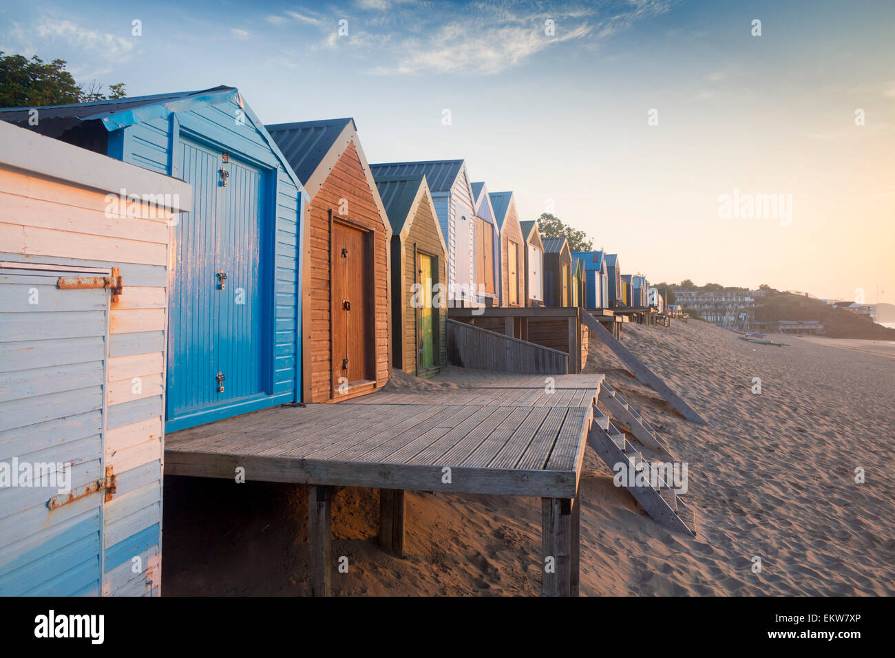 Abersoch beach huts at dawn sunrise Llyn Peninsula Gwynedd North Wales ...