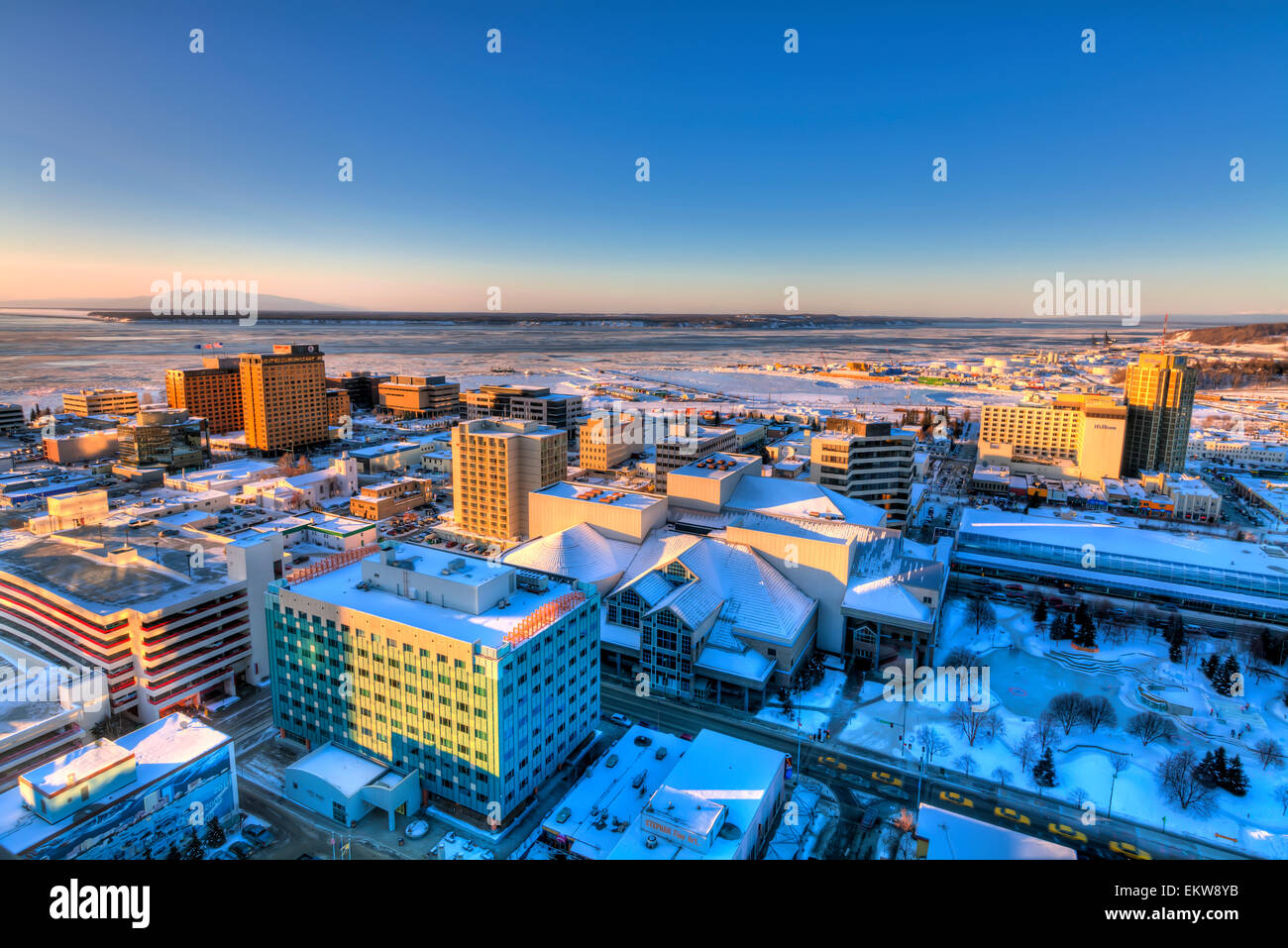 Aerial View Of Downtown Anchorage And Mt. Susitna At Sunset ...