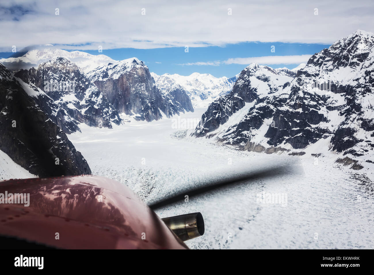 Aerial view over the Great Gorge in the Alaska Range from the cockpit ...