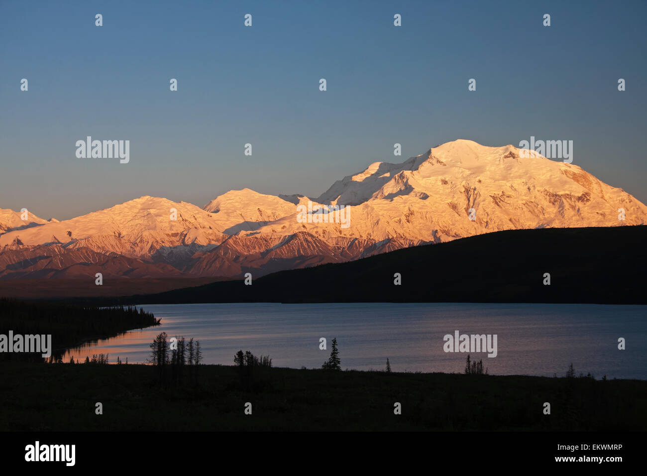Sunset scenic over Wonder Lake and Mt. McKinley, Denali National Park ...