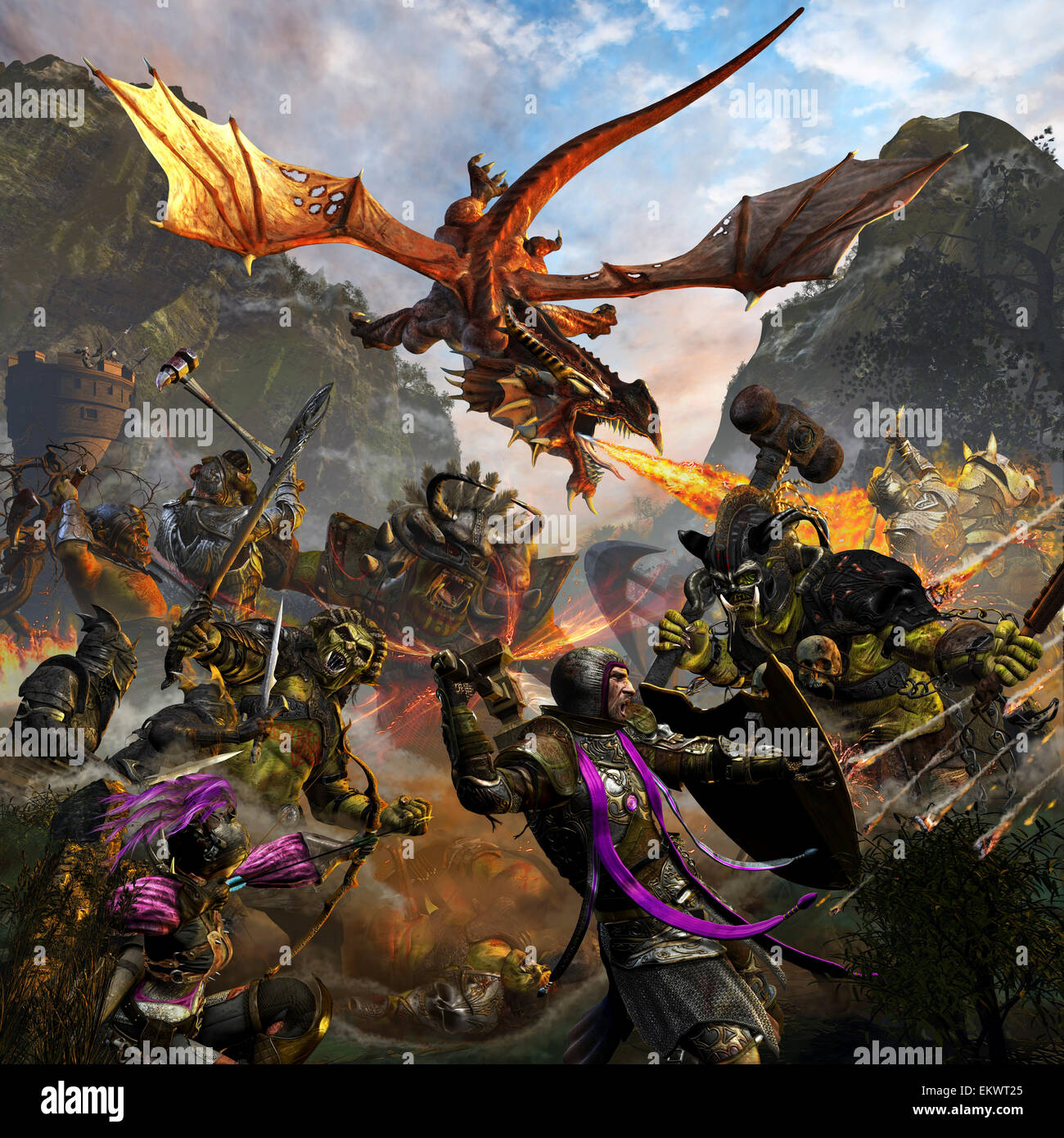 Red dragon and orcs attacking Royal Knights with archers in the valley ...