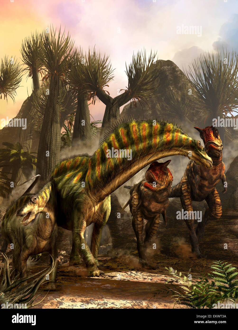 Amargasaurus is fending off a pack of Carnotaurus in the land of ...