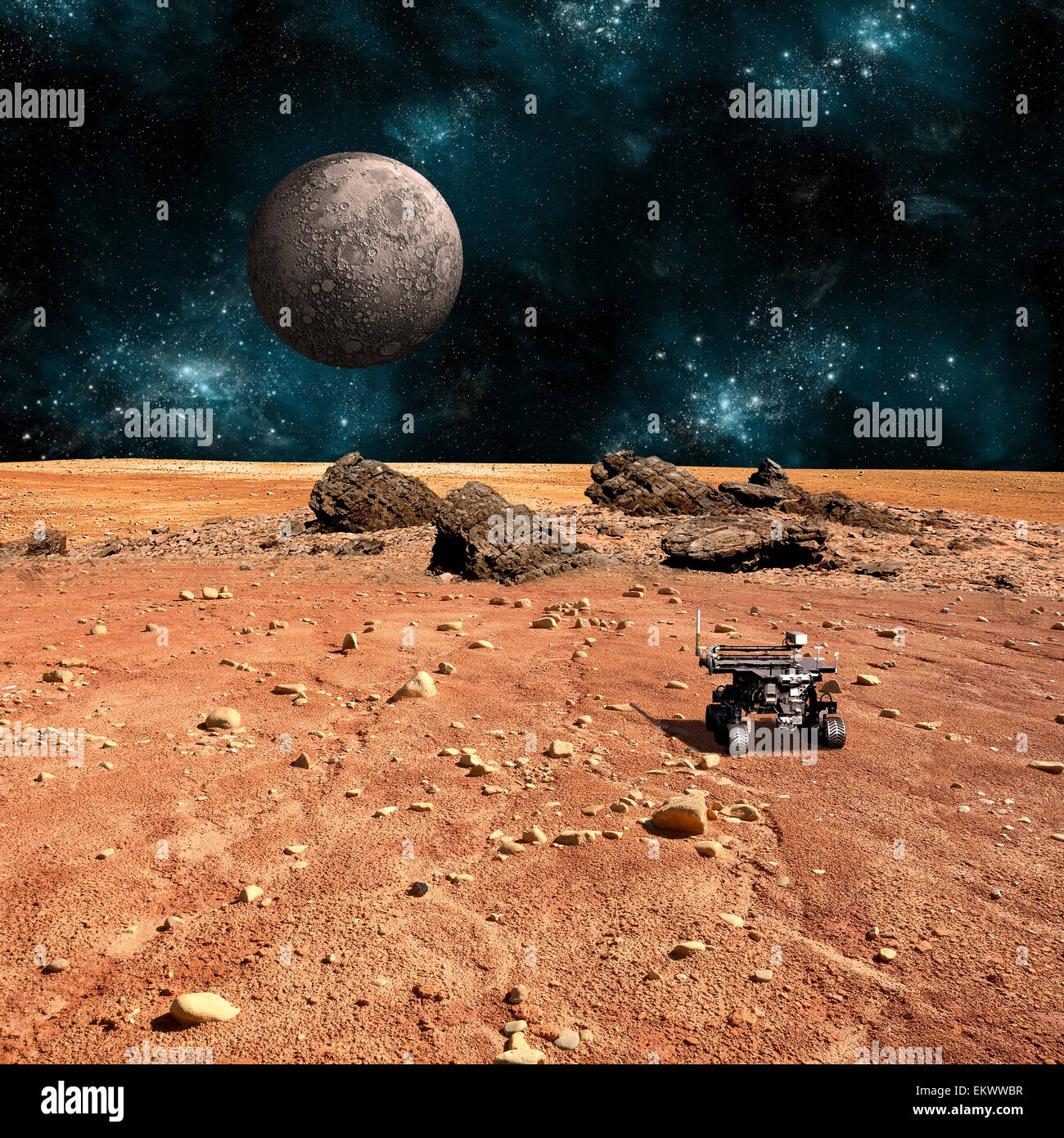 A robotic rover explores the surface of a rocky and barren alien world ...