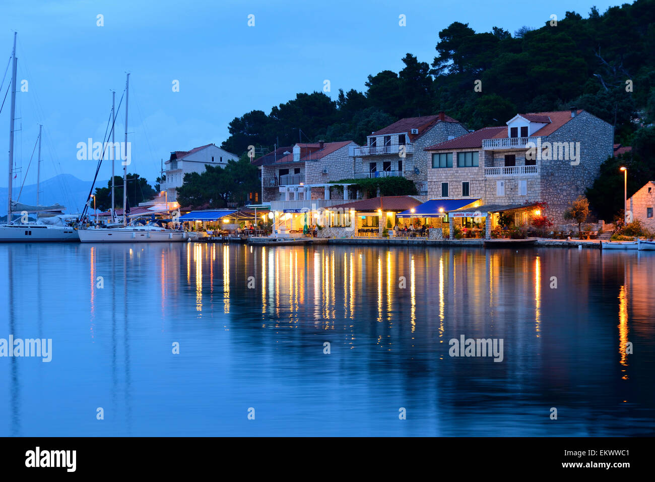 Pomena harbour at dusk on Mljet Island on Dalmatian Coast of Croatia ...