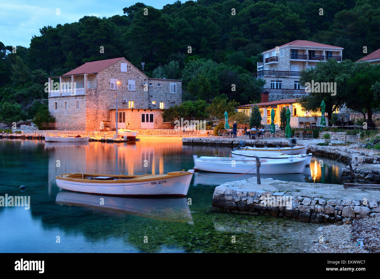 Pomena harbour at dusk on Mljet Island on Dalmatian Coast of Croatia ...