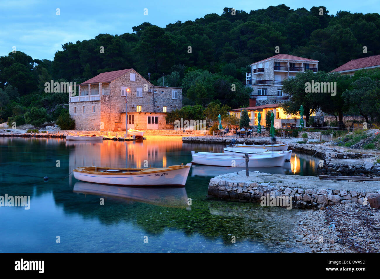 Pomena harbour at dusk on Mljet Island on Dalmatian Coast of Croatia ...