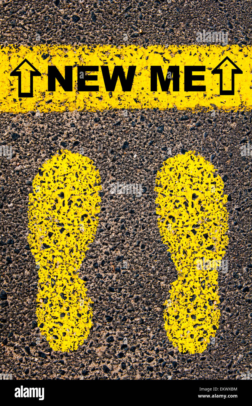 New Me message. Conceptual image with yellow paint footsteps on the ...