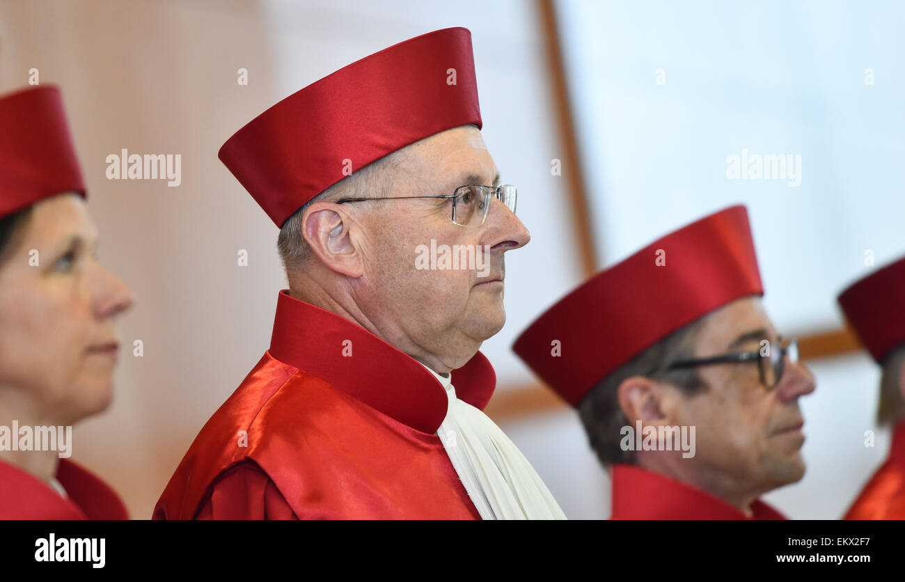 Karlsruhe, Germany. 14th Apr, 2015. The judges of the First Senate of ...