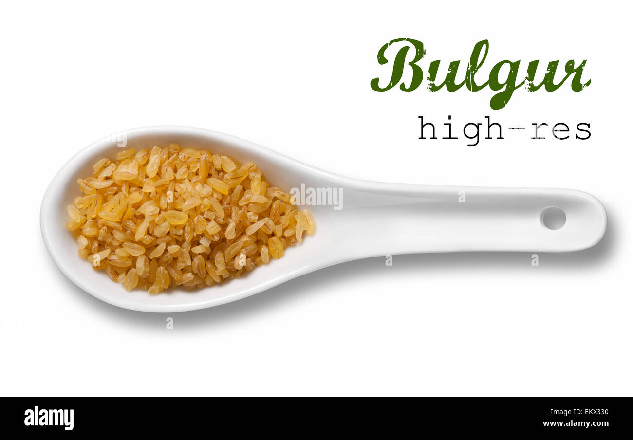 Bulgur in white porcelain spoon / high resolution product photography of cereal in white ...