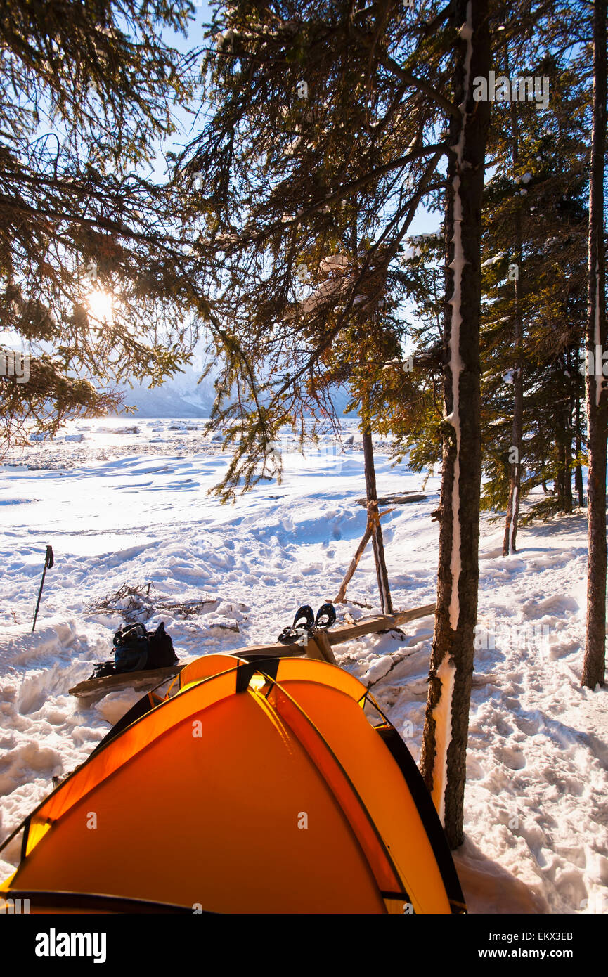 A winter campsite on Bird Point with Turnagain Arm in the background ...