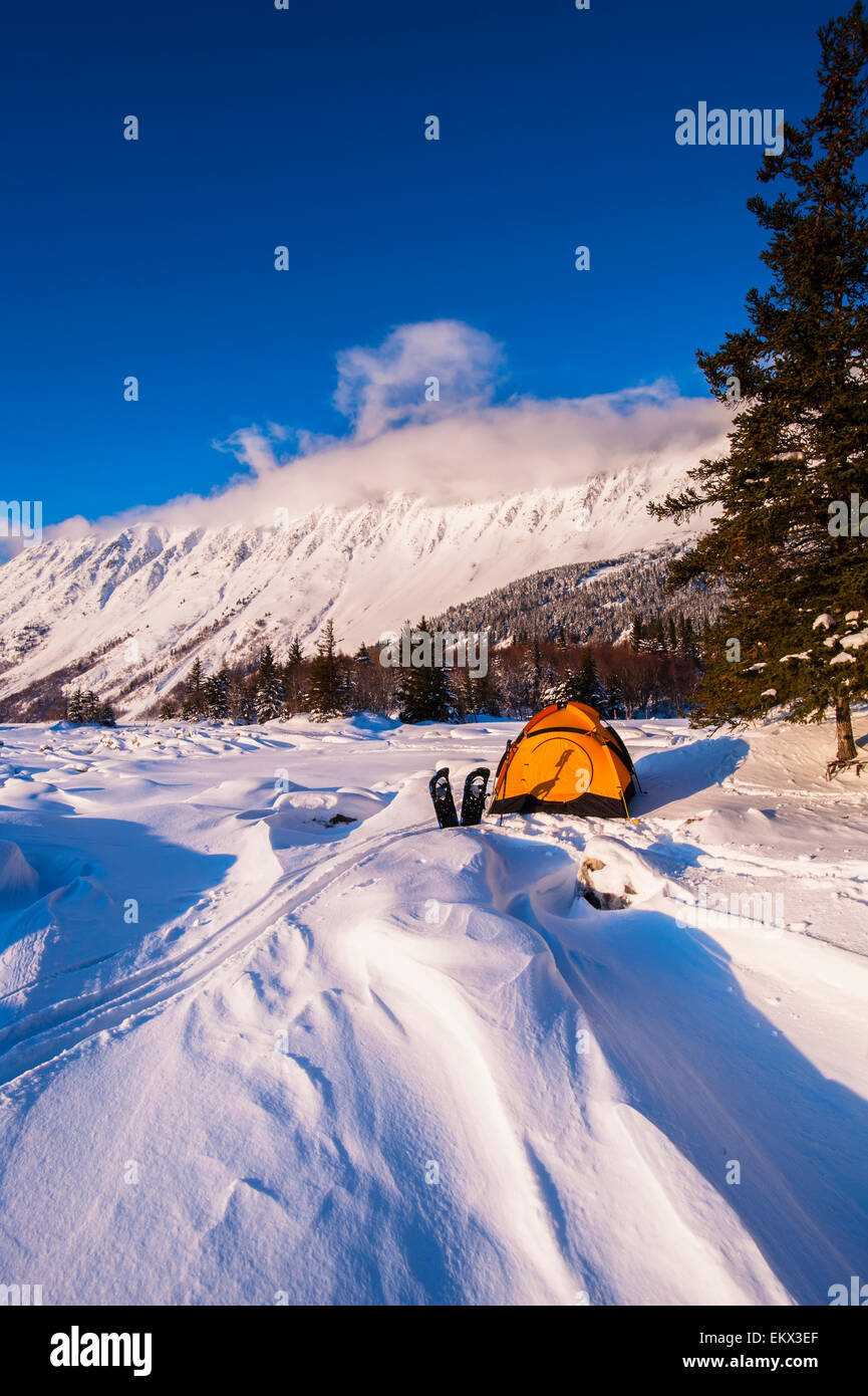 A winter campsite on Bird Point with Turnagain Arm in the background ...