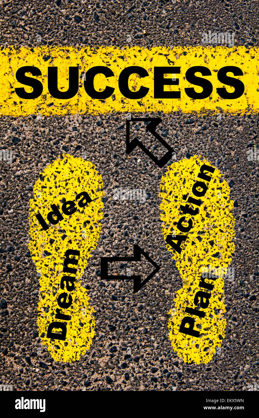 Success. Conceptual image with yellow paint footsteps on the road in ...