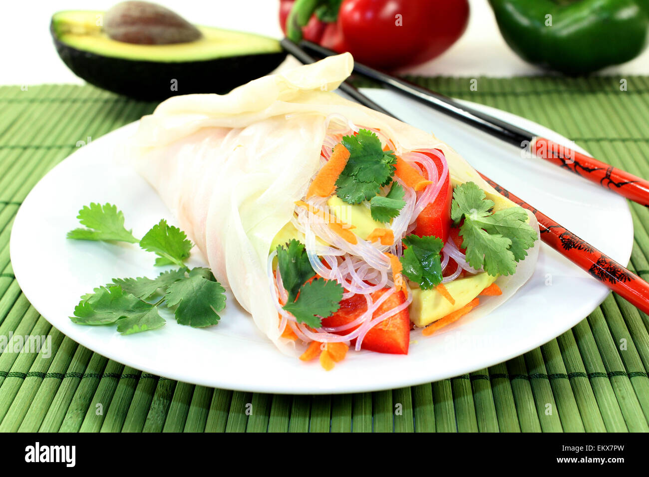 Rice paper stuffed with glass noodles, carrots, peppers and cilantro ...