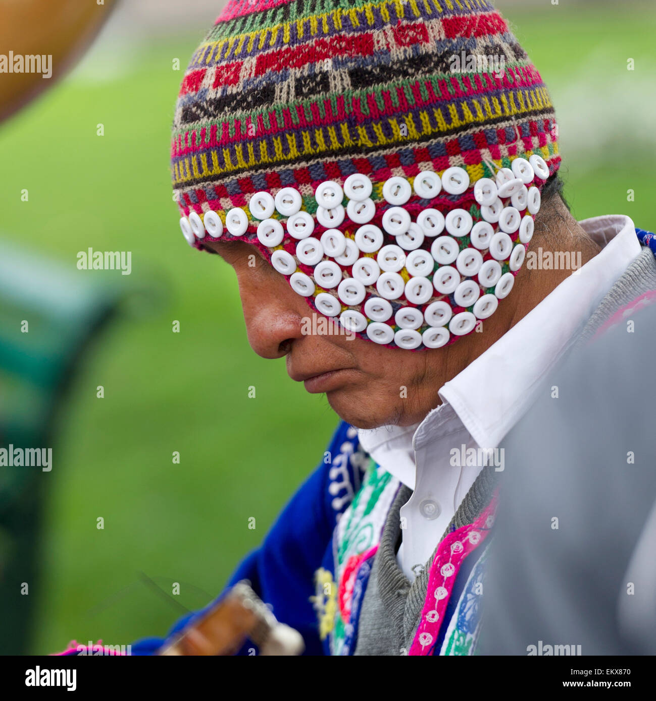 A Man Wearing A Hat Decorated With Buttons; Cusco Peru Stock Photo - Alamy