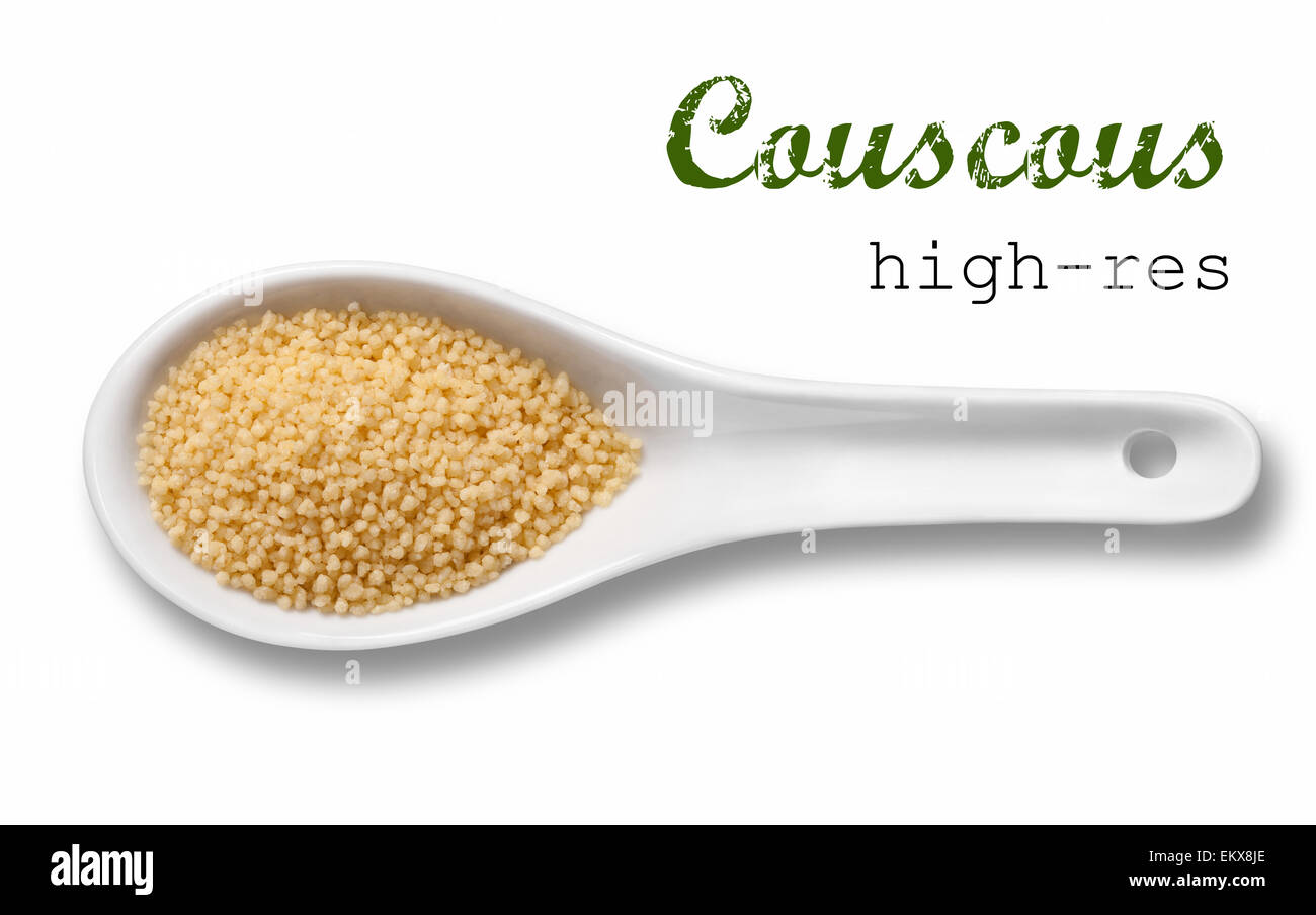 Couscous in white porcelain spoon / high resolution product photography ...