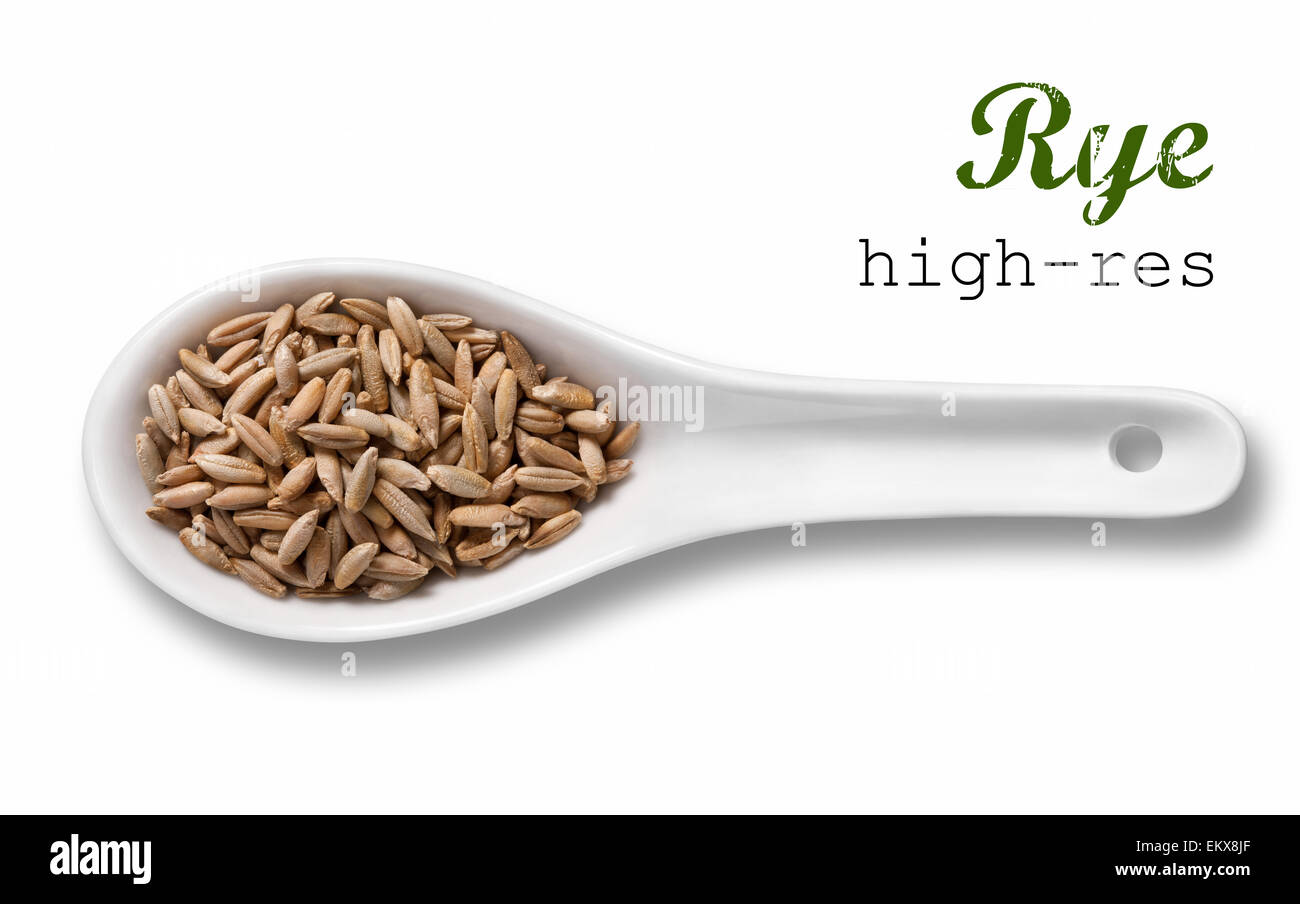 Rye in white porcelain spoon / high resolution product photography of seed in white porcelain ...