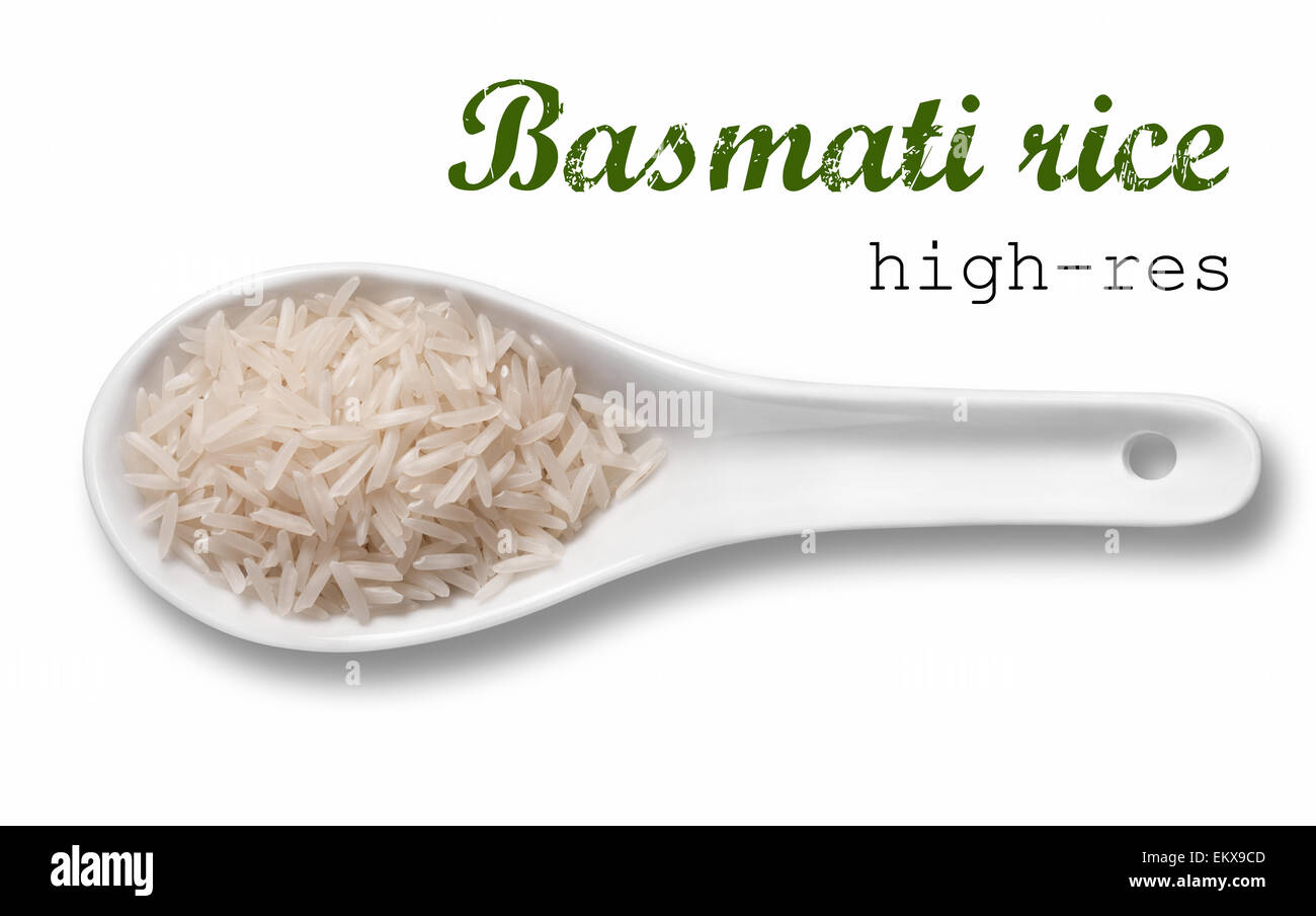 Basmati rice in white porcelain spoon / high resolution product ...