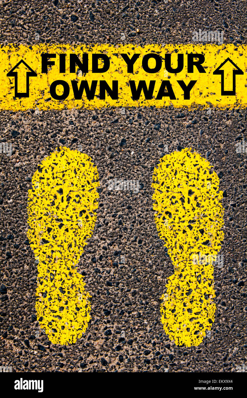Find Your Own Way message. Conceptual image with yellow paint footsteps ...