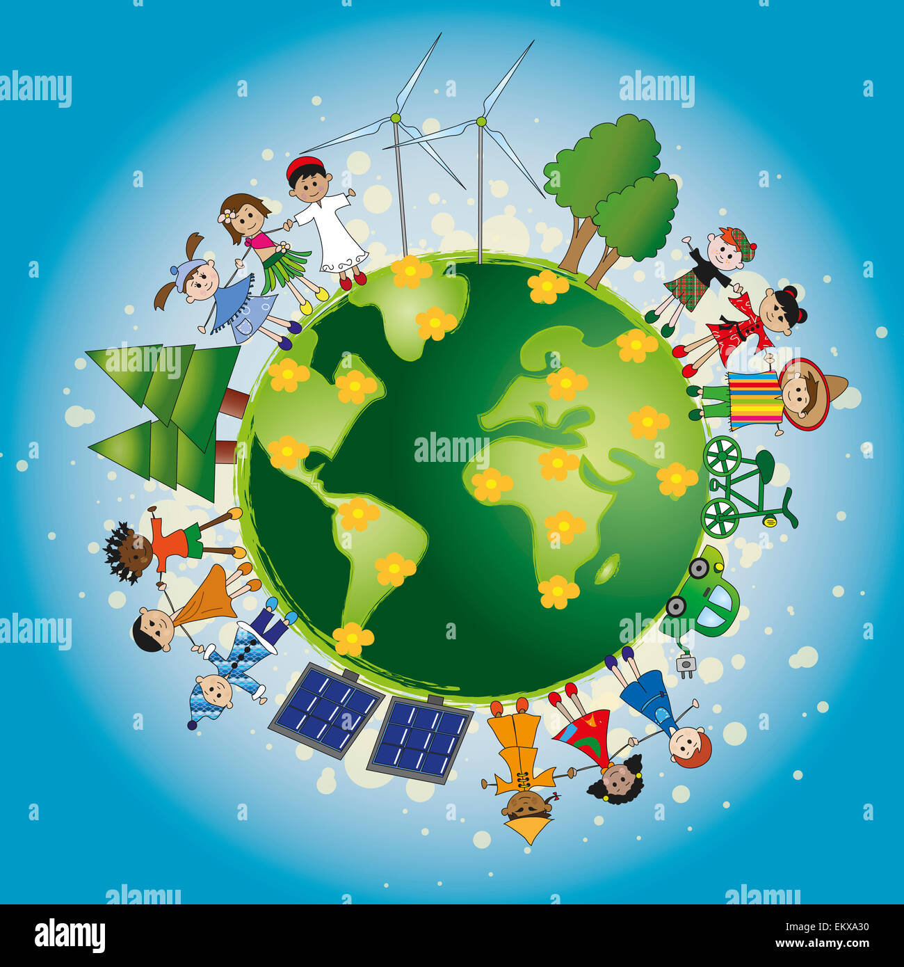 illustration of green world with children Stock Photo - Alamy