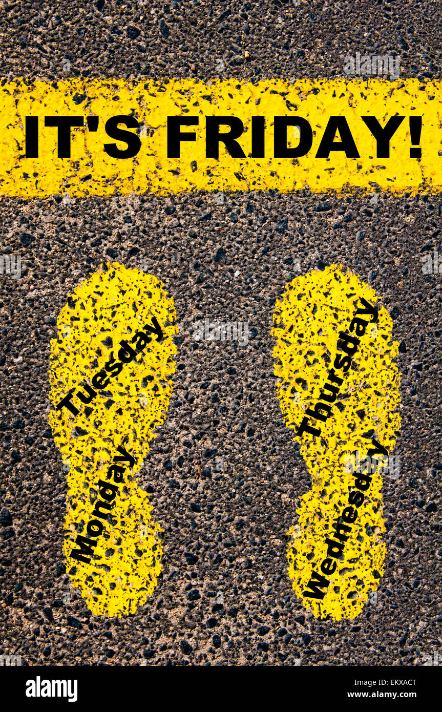 It's Friday message. Conceptual image with yellow paint footsteps on ...