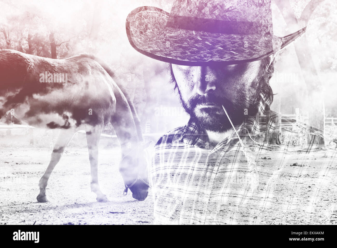 Bearded Cowboy Farmer wearing Straw Hat on Western American Horse Ranch ...