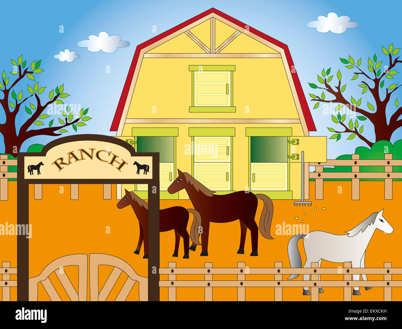 illustration of ranch with horses Stock Photo - Alamy