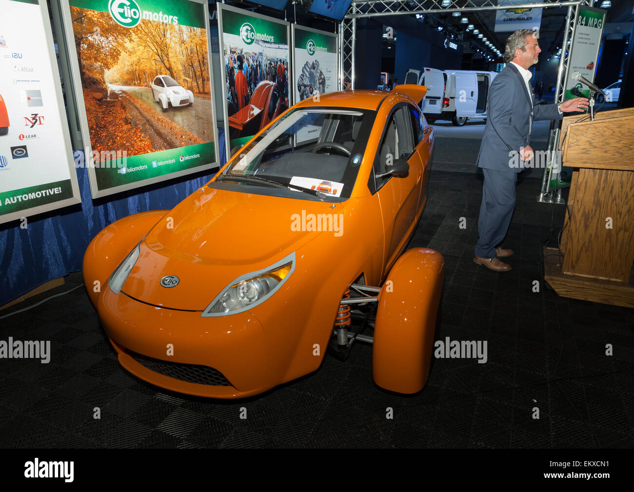 New York, NY - April 2, 2015: Exterior of Elio electric car on display ...