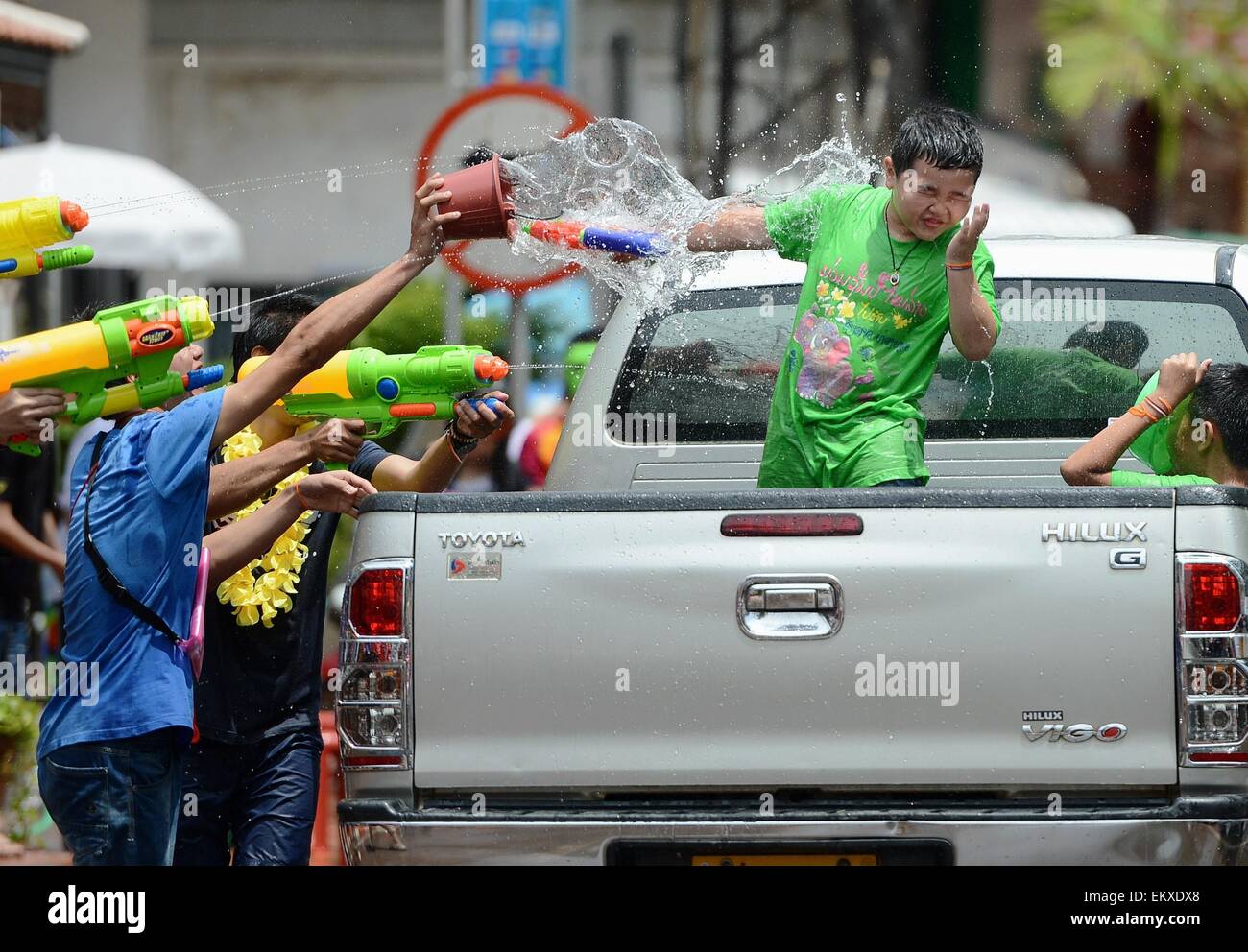 Vientiane, Laos. 14th Apr, 2015. People take part in water-splashing ...