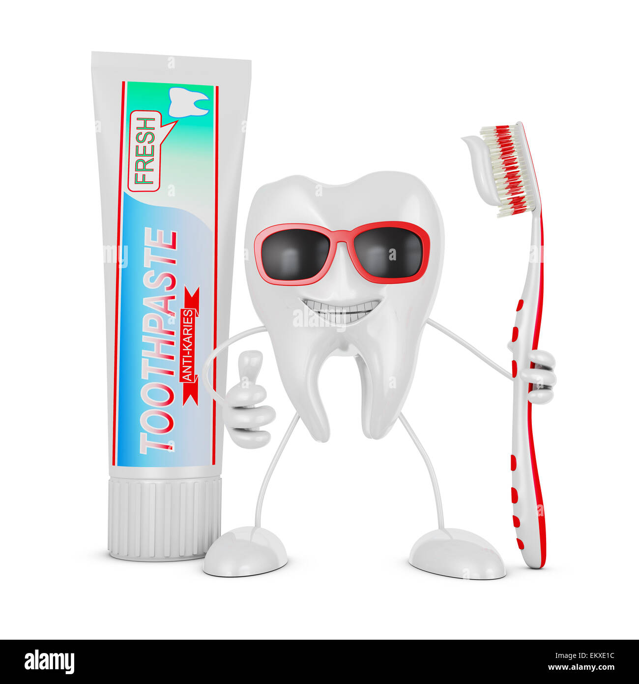 Smiling tooth with glasses holding a toothbrush near the a tube of ...