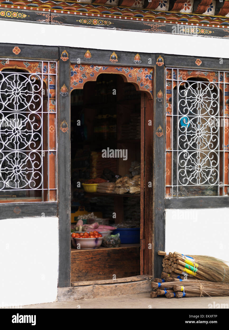 Fruit And Vegetables In Bowls Inside The Doorway Of A Building; Paro ...