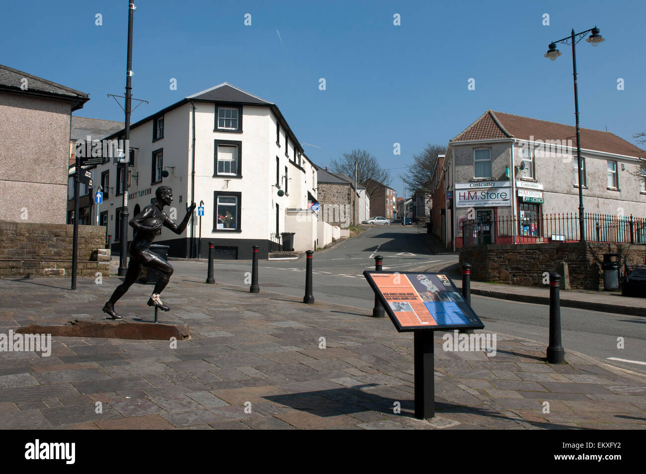 Town centre view including Ken Jones statue, Blaenavon, Torfaen, Wales ...