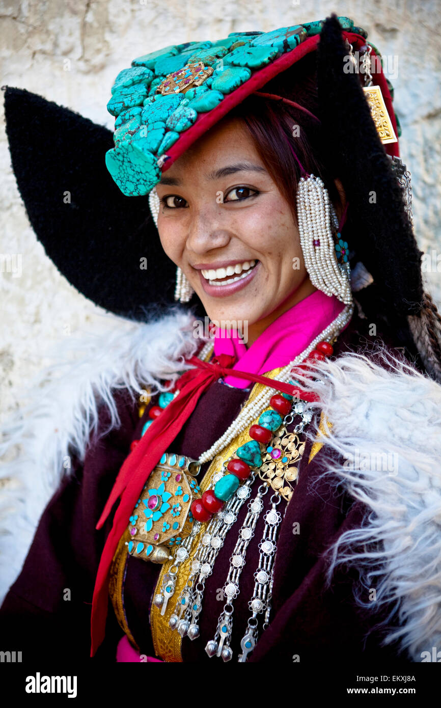 A Beautiful Ladakhi Women In Traditional Costume Jewelry; Ladakh Stock ...