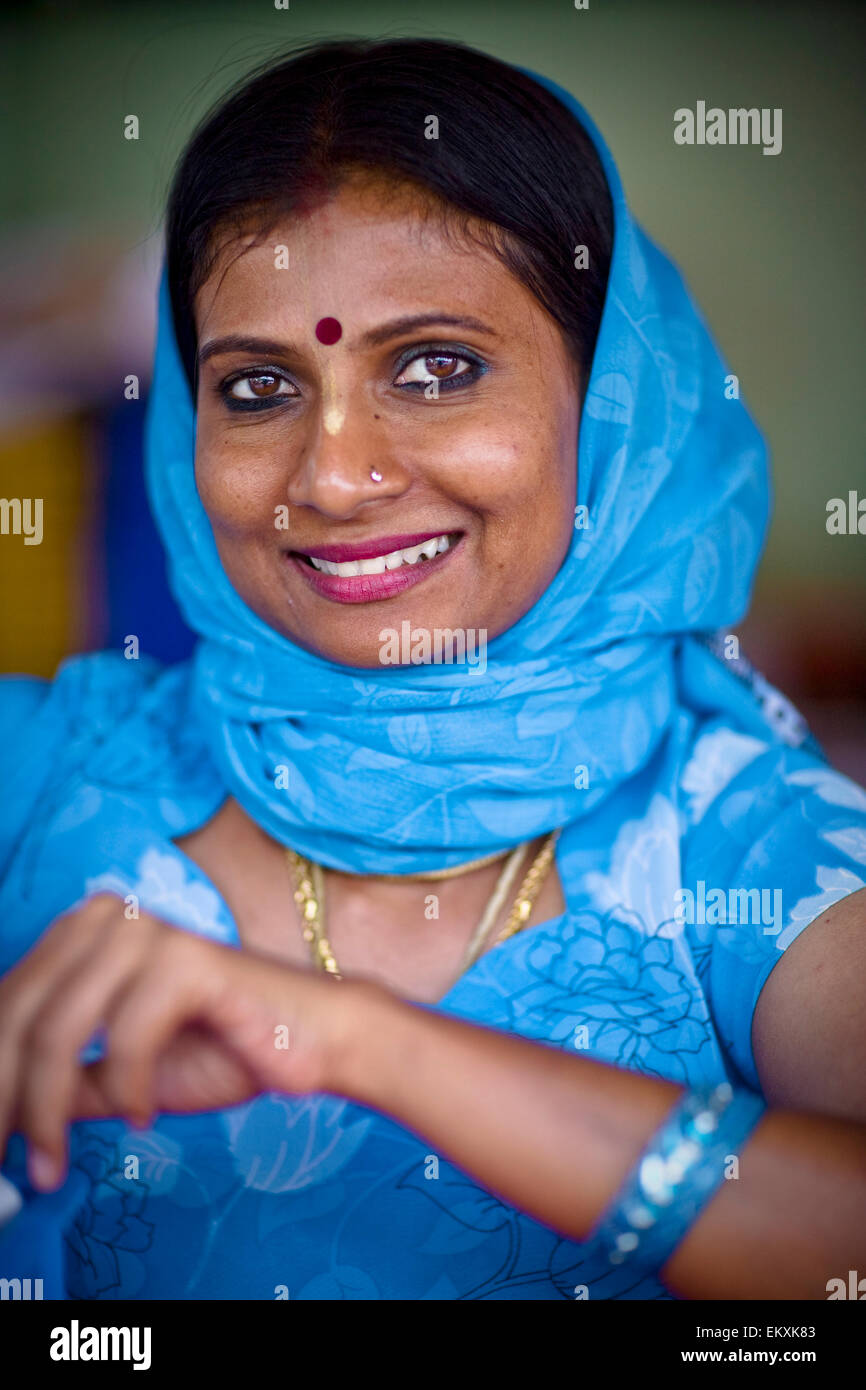 Portrait Of A Woman In A Blue Sari With A Bindi; India Stock Photo - Alamy