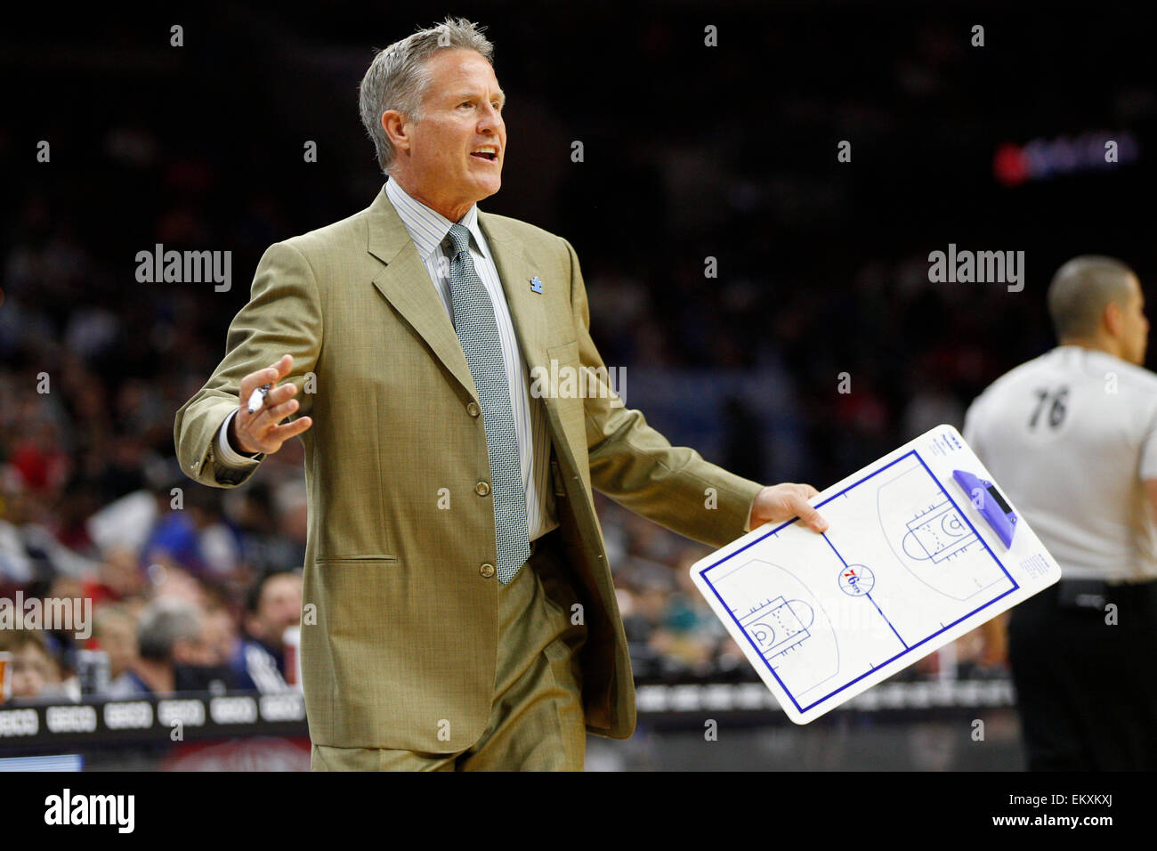 April 13, 2015: Philadelphia 76ers head coach Brett Brown reacts during ...